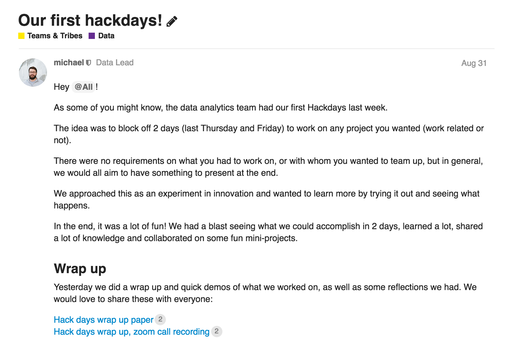 Two Days of Focused Time: The Hackdays Experiment